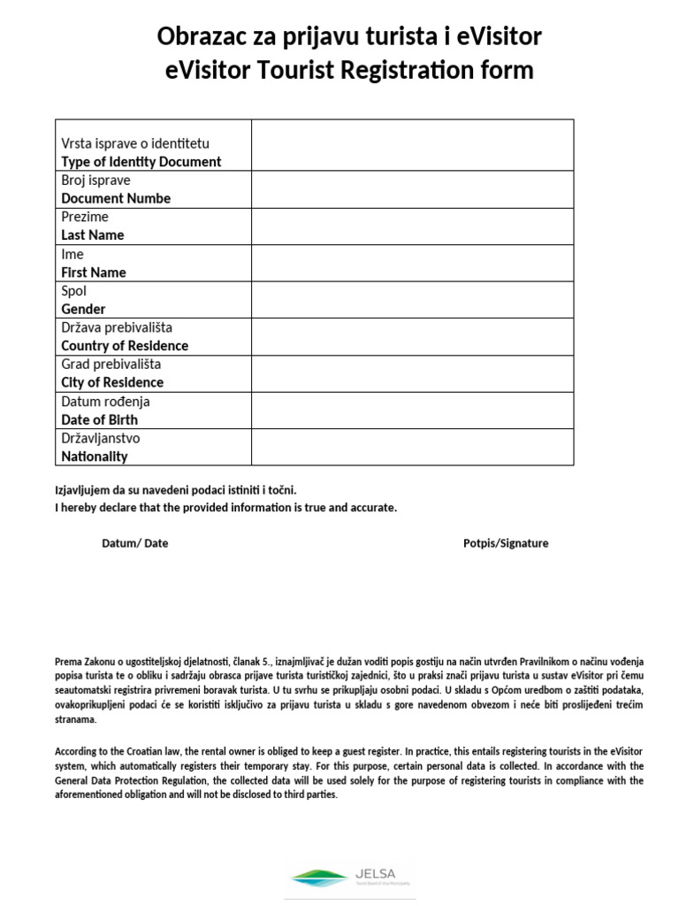 Obrazac Za Prijavu Turista | PDF