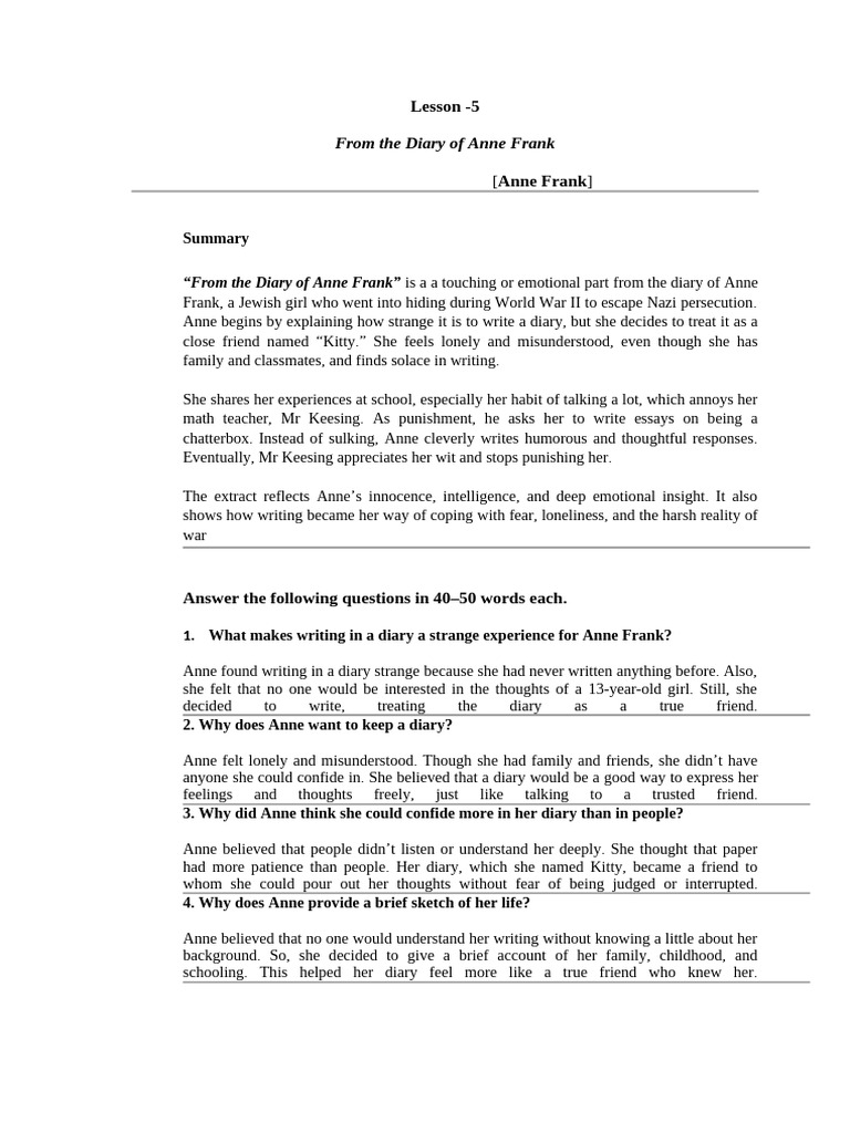 Anne Frank's Diary Insights for Class 7 | PDF | Anne Frank | Diary