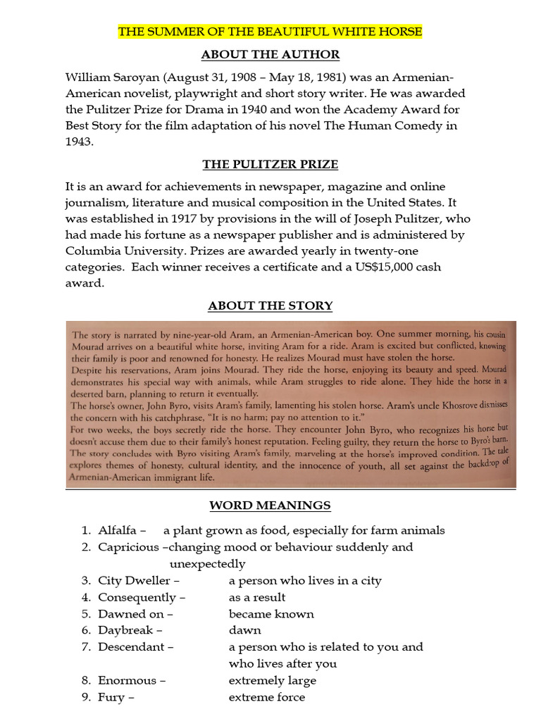 Understanding "The Summer of the Beautiful White Horse" | PDF