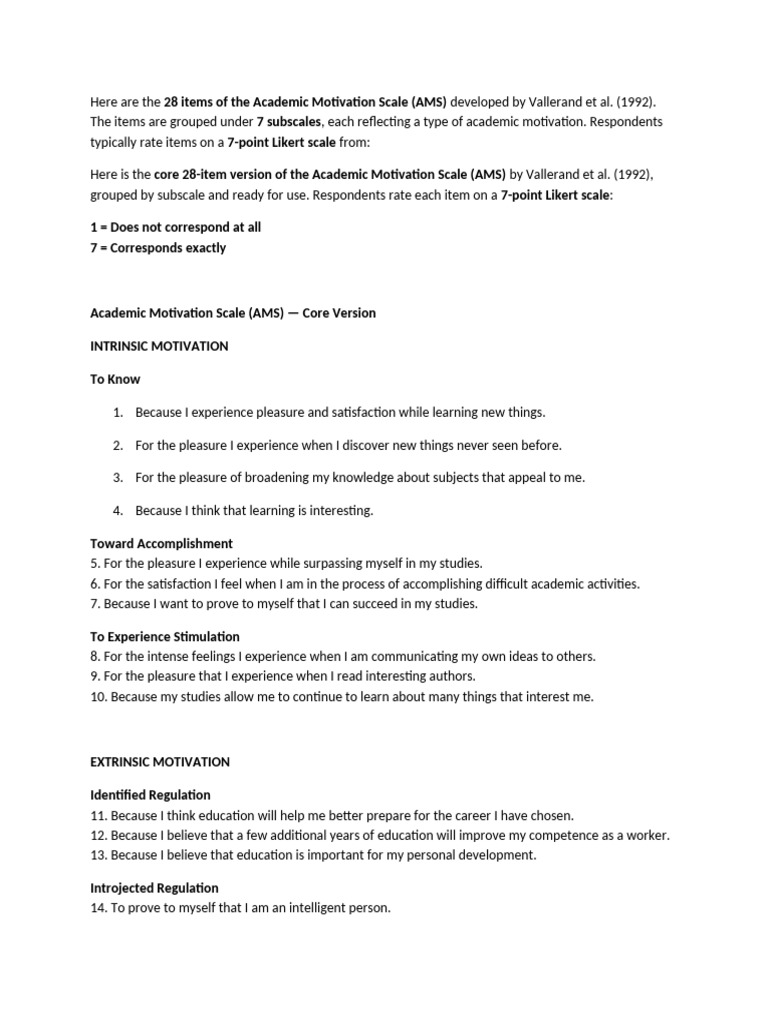Academic Motivation Scale (AMS) Items | PDF | Motivation | Motivational