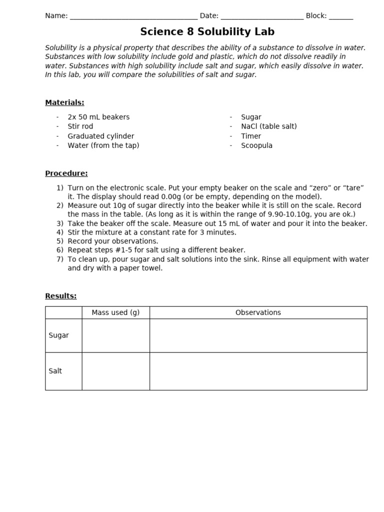 Solubility and Density Lab Without Notes | PDF | Density | Solubility