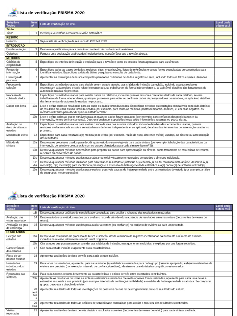 Lista de Verificação PRISMA 2020 | PDF | Análise sistemática