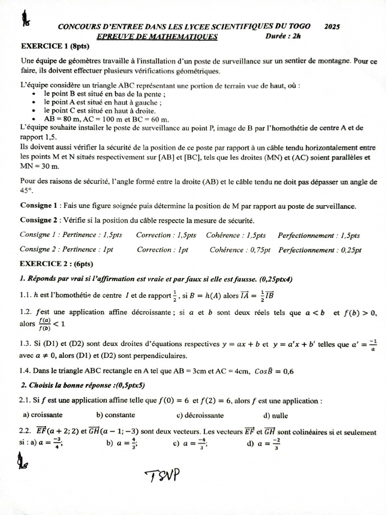 Épreuves Du Concours Du Lycée Scientifique 2025 | PDF