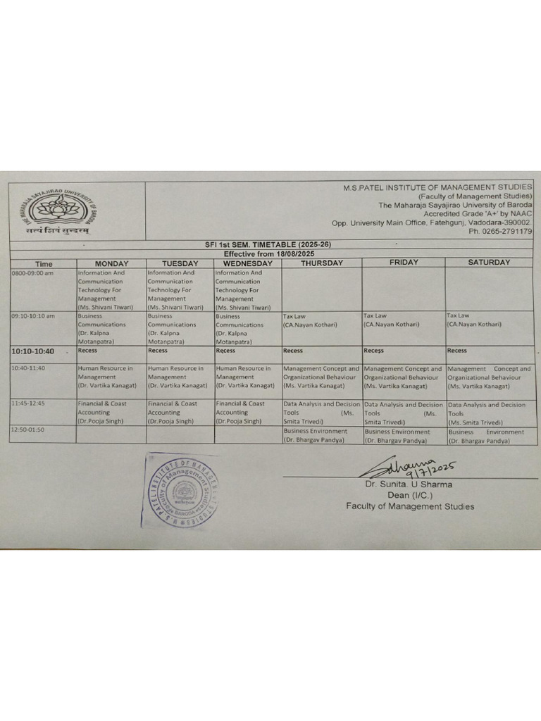 1st Sem Time Table (SFI) | PDF