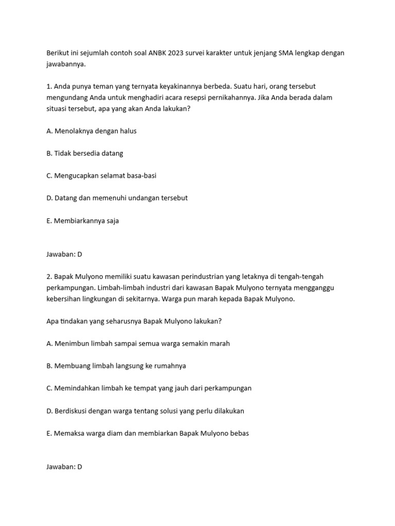 Contoh Soal Survei KArakter SMA | PDF