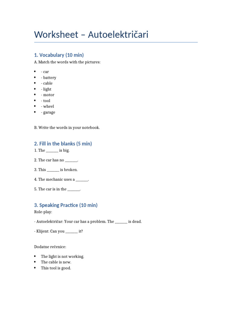 Autoelektričari Vocabulary Worksheet | PDF