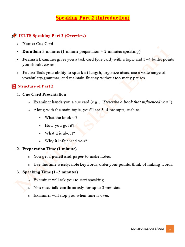 IELTS Speaking Part 2 Guide | PDF | Fluency | Vocabulary