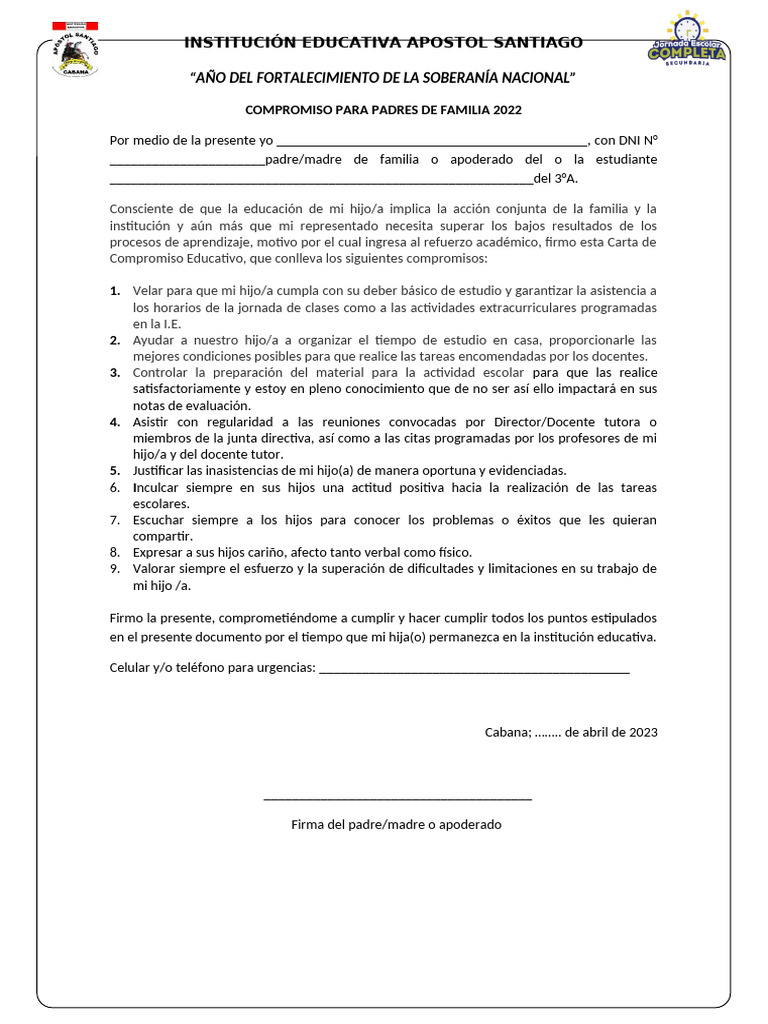 Compromiso de Padres de Familia 2023 | PDF