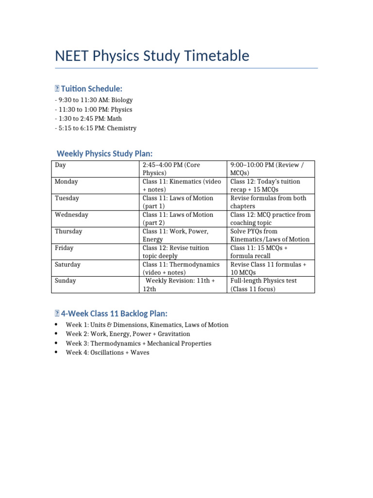 NEET Physics Timetable Ekta | PDF