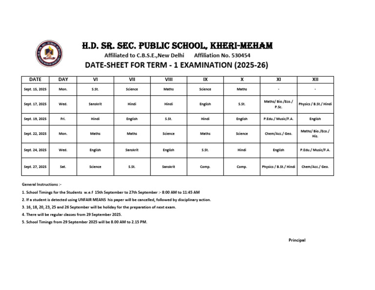 Term 1 Exam Date Sheet 2025-26 | PDF