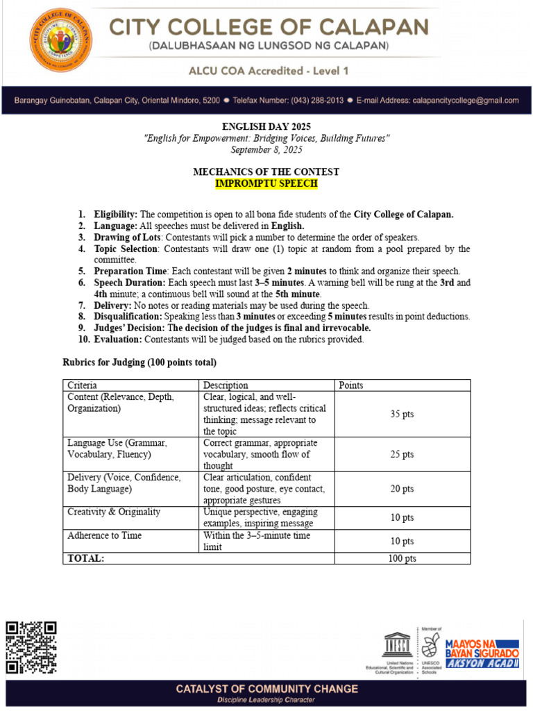 English Day 2025 Impromptu Speech Contest | PDF | Speech | Communication