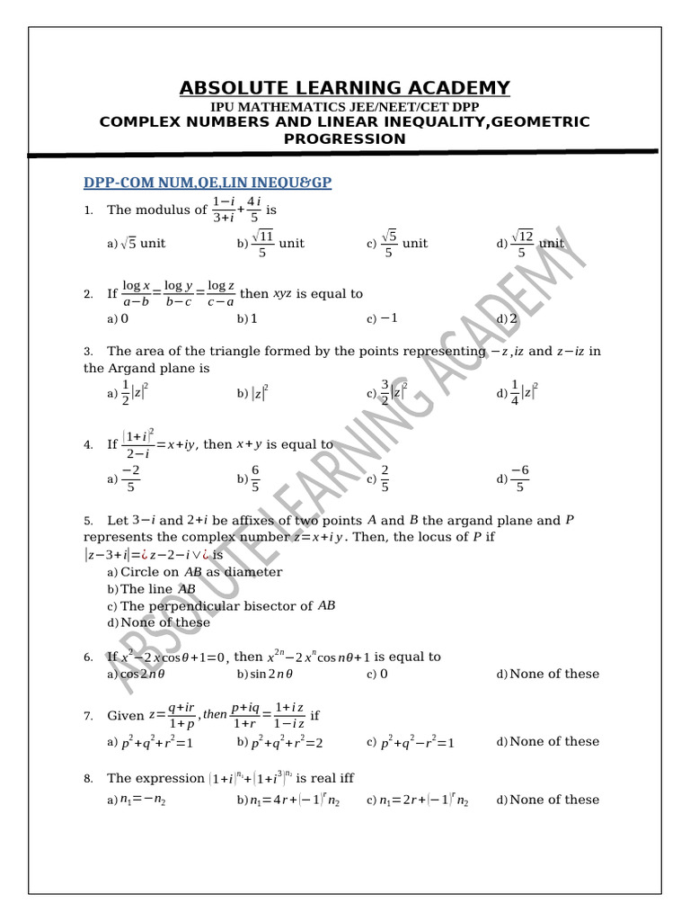 JEE/NEET Mathematics DPP: Complex Numbers | PDF | Number Theory ...