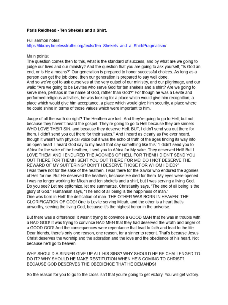 Ten Shekels and a Shirt: A Call to Serve God | PDF | Jesus | Glory ...