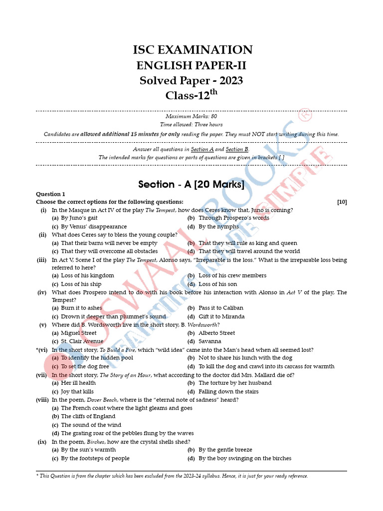 ISC Class 12 English Paper II Solved 2023 | PDF | The Tempest | Fantasy ...