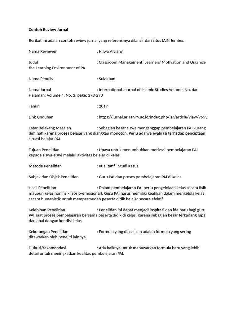 Contoh Review Jurnal PAI 2017 | PDF
