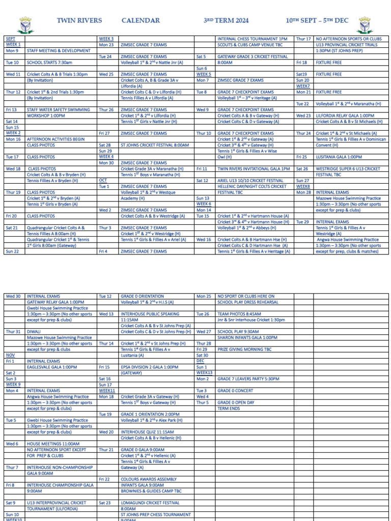 Twin Rivers Term 3 2024 Calendar | PDF