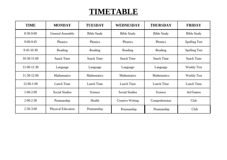 Grade 1 Weekly Timetable | PDF