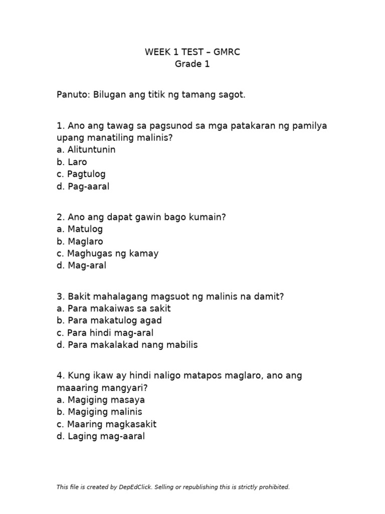 Grade 1 - GMRC - Week 1 Test | PDF