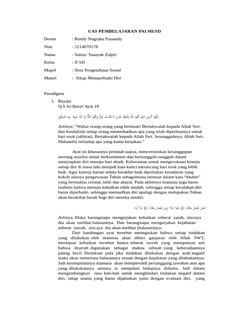 Uas Pembelajaran Pai Mi | PDF