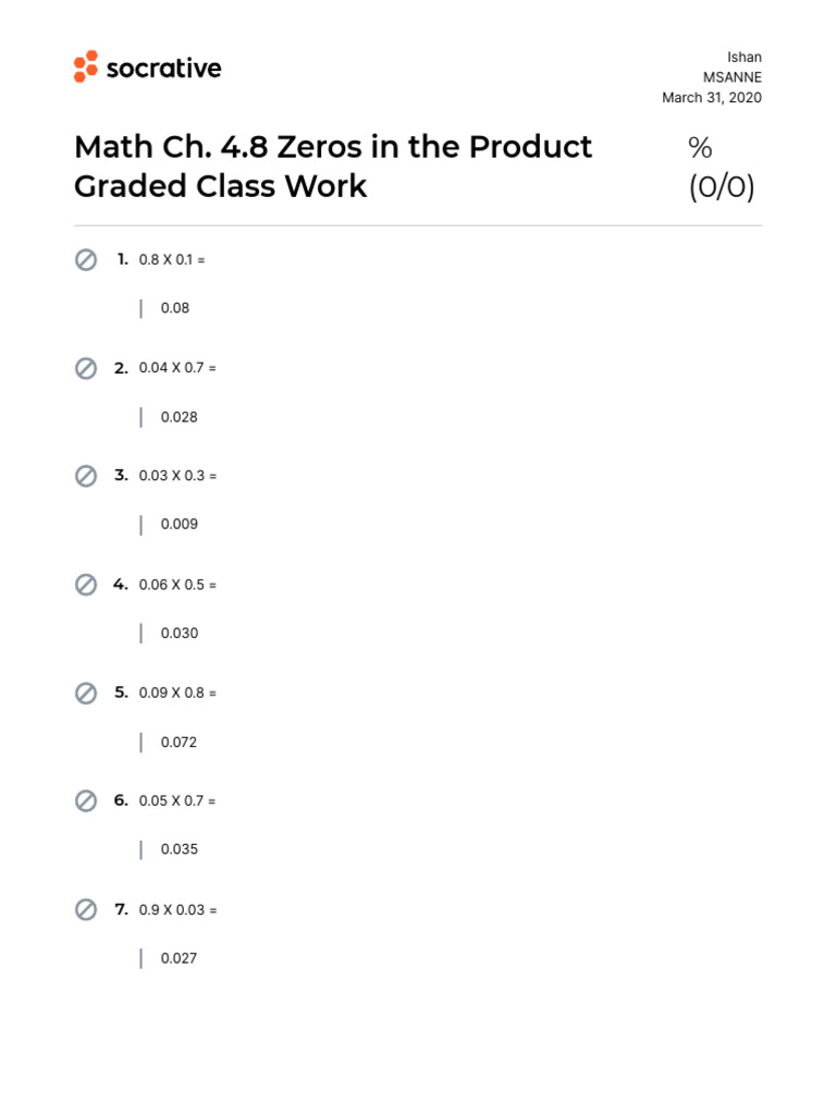 Ishan - Math Ch. 4.8 Zeros in The Product Graded Class Work | PDF