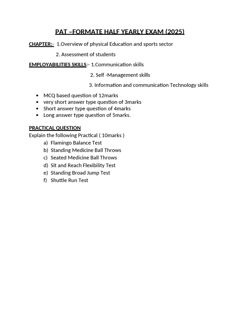 Pat Half Yearly Formate 2025 | PDF