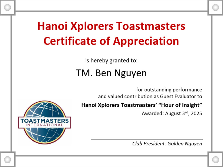 Certificate of Appreciation for TM. Ben Nguyen | PDF