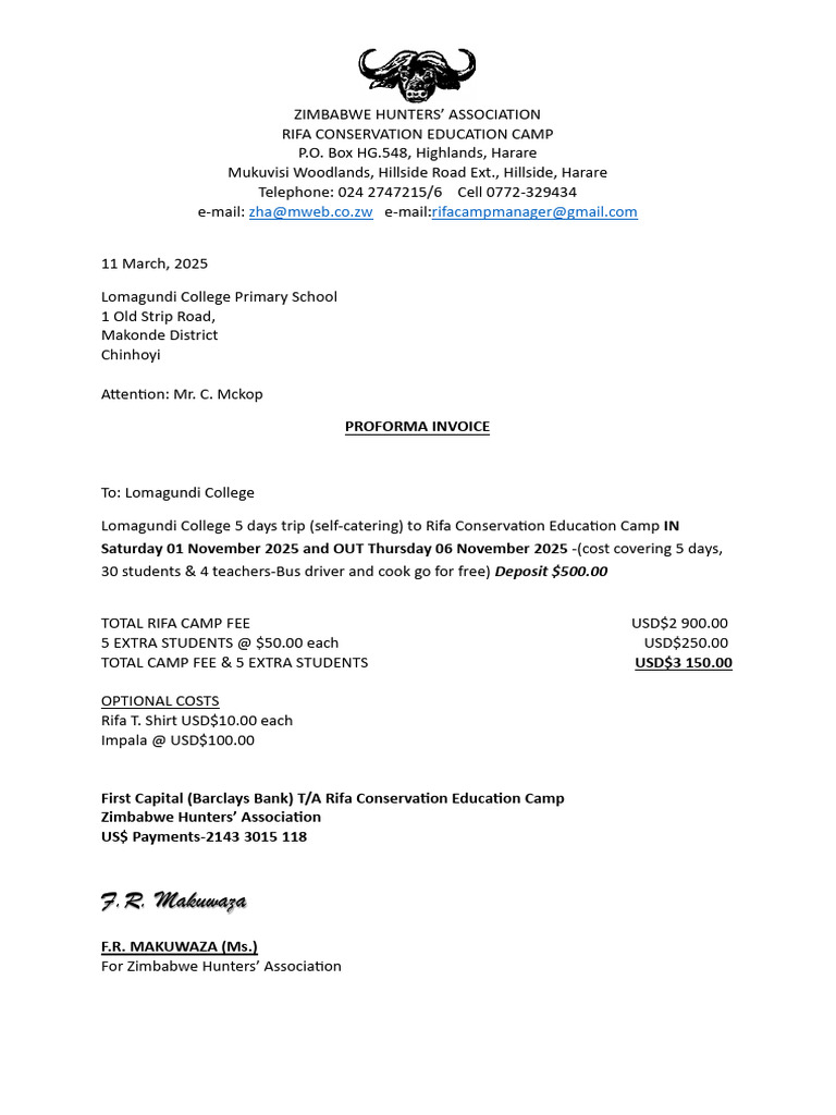 Lomagundi College Rifa Camp Invoice 2025 | PDF