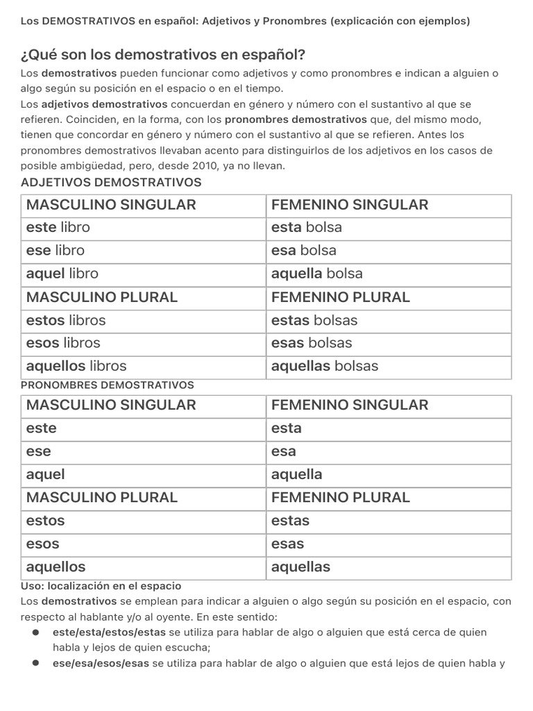 Los DEMOSTRATIVOS en Español Adjetivos y Pronombres (Explicación | PDF ...