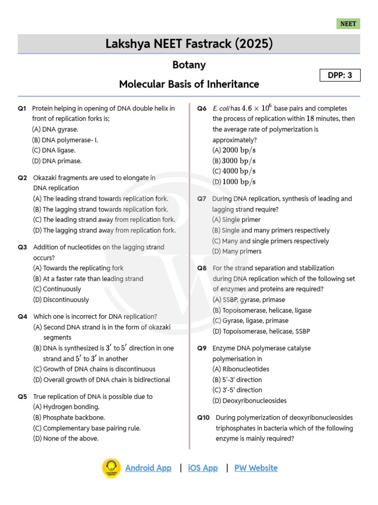 Molecular Basis of Inheritance - DPP 03 (Of Lec 05) - Lakshya NEET Fastrack 2025 | PDF | Dna ...