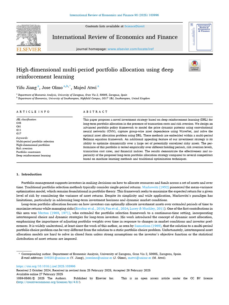 Deep Reinforcement Learning for Portfolio Allocation | PDF | Modern ...