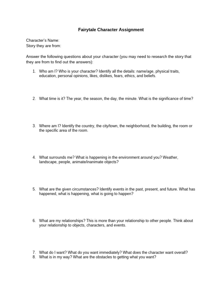 Fairytale Character Analysis Assignment | PDF