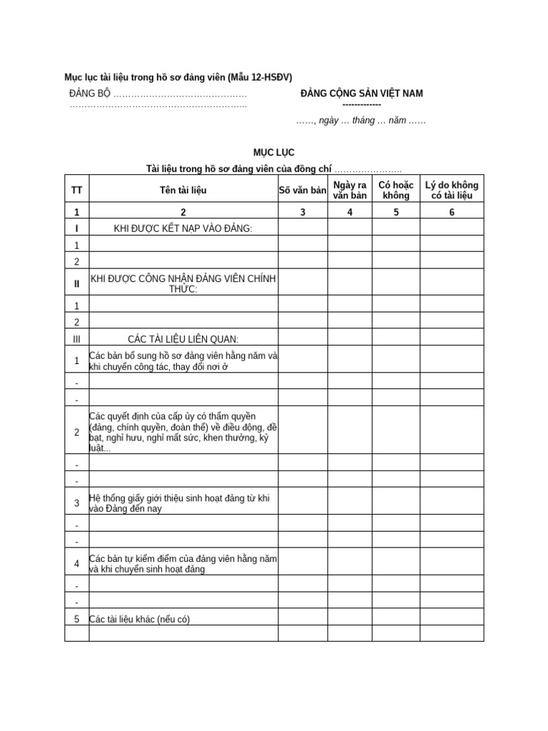 Muc Luc Tai Lieu Trong Ho So Dang Vien | PDF