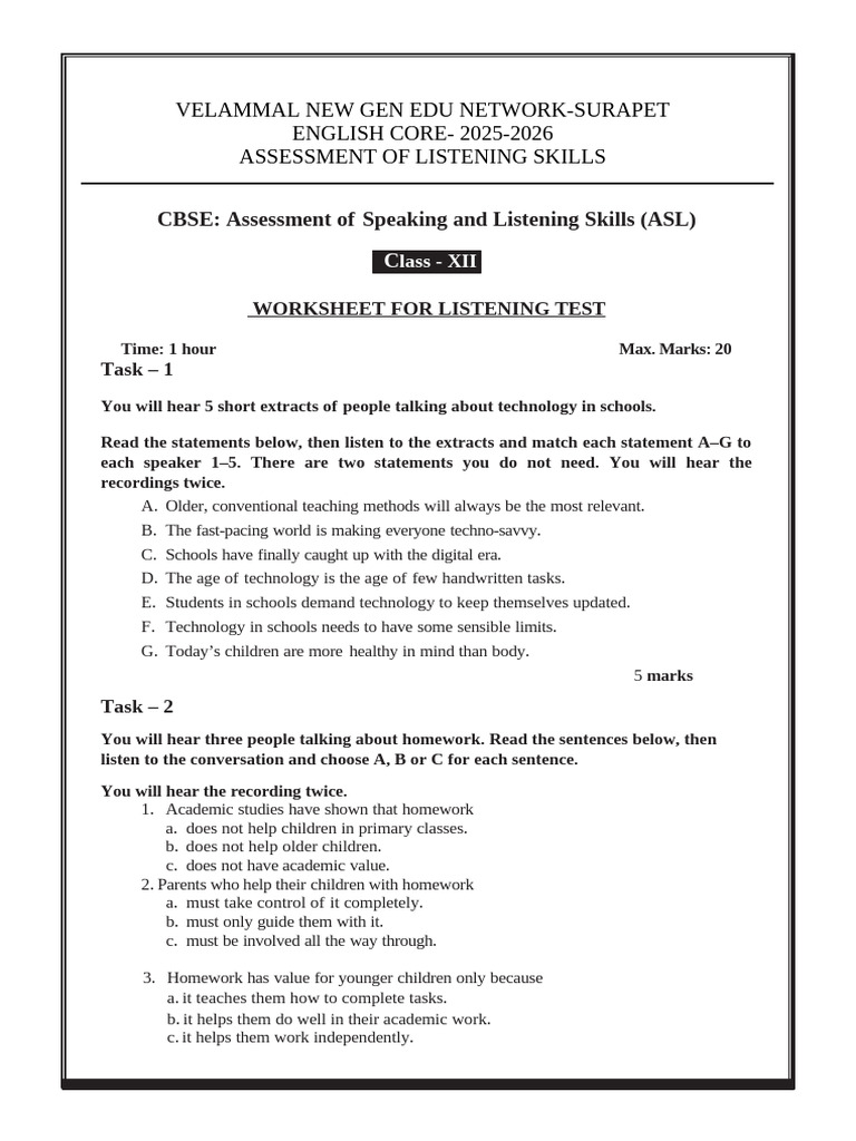 Listening Skills Assessment Worksheet | PDF | Homework