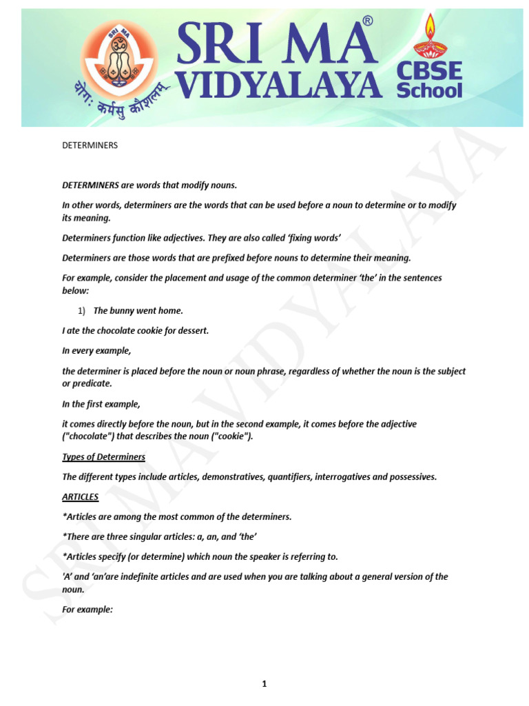 Class 9 Notes on Determiners | PDF | Noun | Syntax