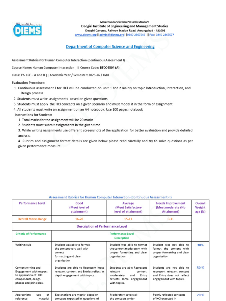 HCI - CA-I Assignment Rubrics 2025-26 | PDF | Human–Computer Interaction | Computing