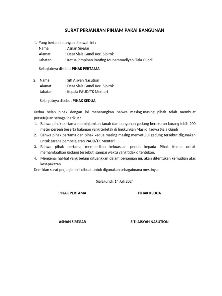 Surat Perjanjian Pinjam Pakai Bangunan | PDF