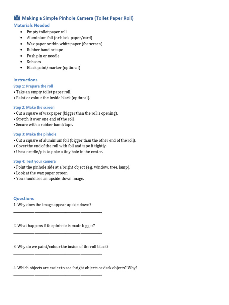 Pinhole Camera Worksheet | PDF