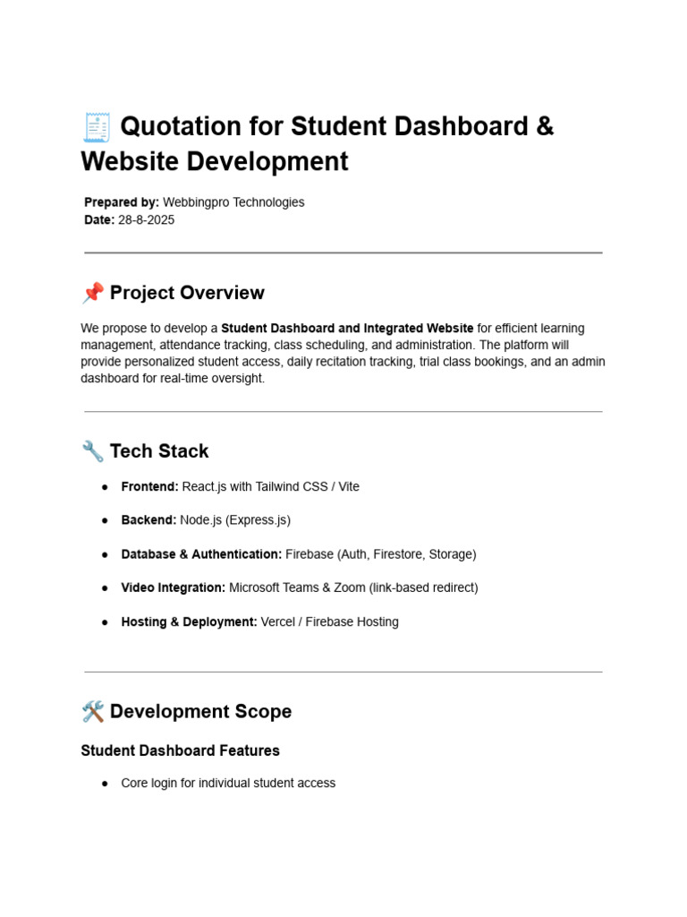 Student Dashboard & Website Quote | PDF