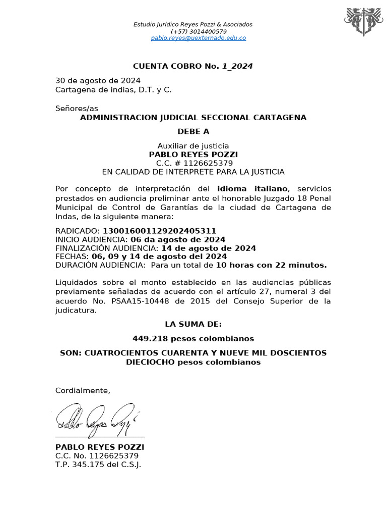 Cuenta Cobro Servicios de Interpretación | PDF