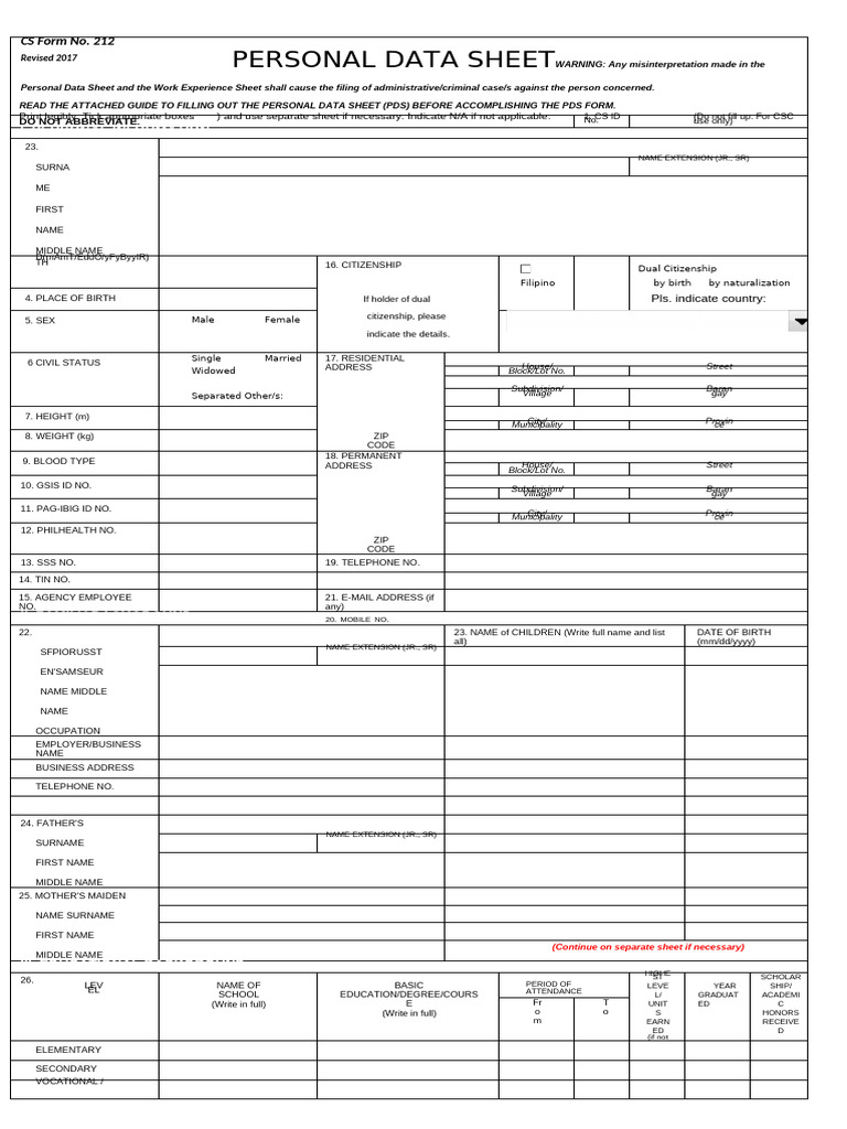 Main Cs Form 212 Personal Data Sheet Philippines (1) | PDF | Government