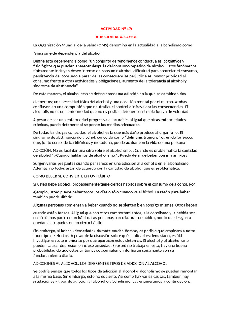 Tipos y riesgos de la adicción al alcohol | PDF | Alcoholismo | La ...