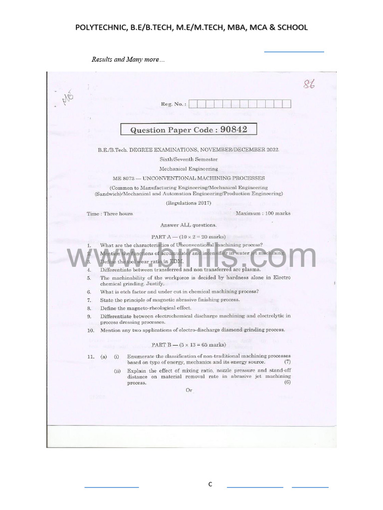 ME 8073 Unconventional Machining Processes Anna University Question | PDF