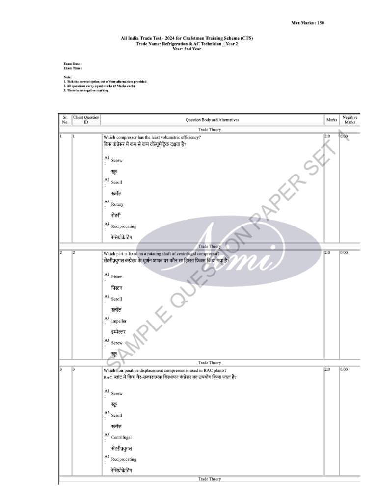 RACT - 2nd Year (Eng) - Set 1 | PDF