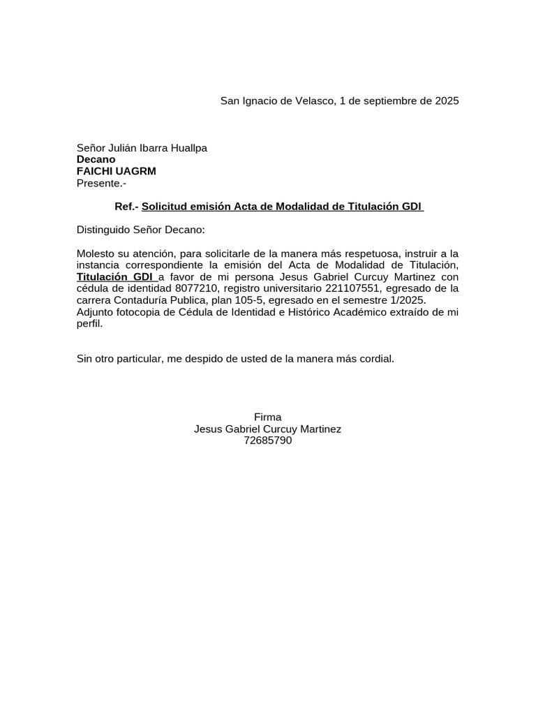 Carta Modelo GDI Solicitud Acta Modalidad de Titulacion | PDF