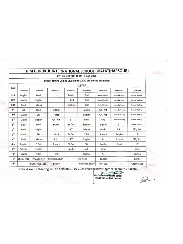 Date Sheet of Term-1 (September-2025) | PDF