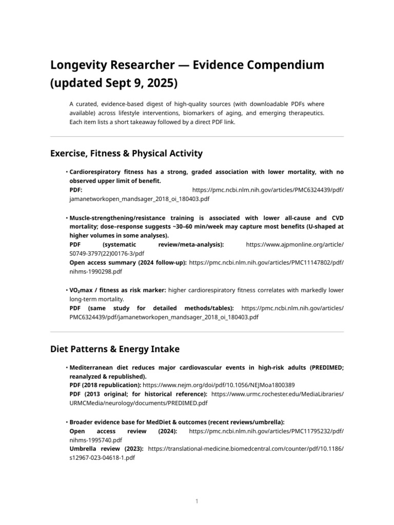Longevity Researcher — Evidence Compendium (Updated Sept 9, 2025) | PDF ...