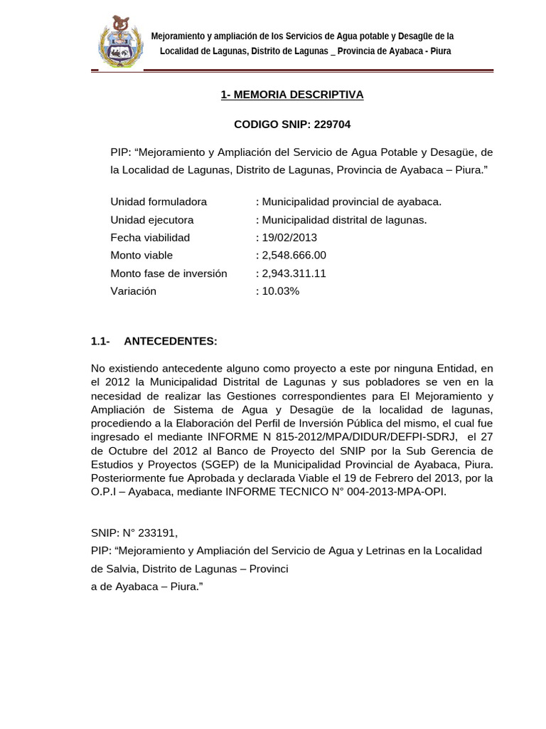 Memoria Descriptiva - New 01 | PDF | Alcantarillado | Agua