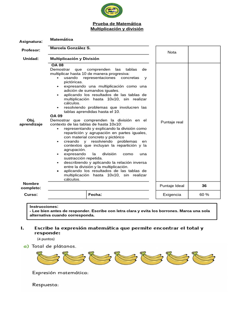 Prueba de Multiplicación y División 10x10 | PDF | Multiplicación ...