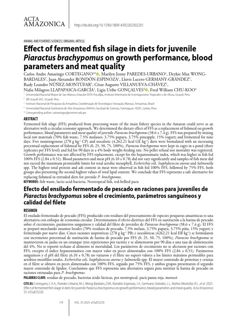 Effect of Fermented Fish Silage in Diets For Juvenile Piaractus ...