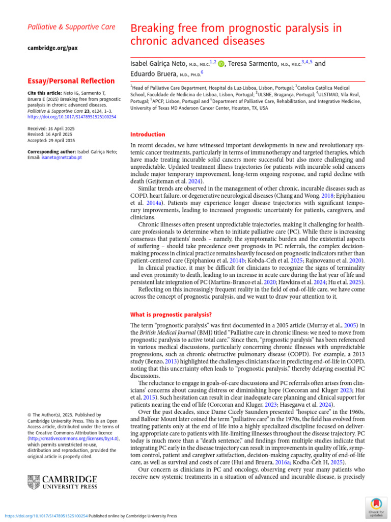 Breaking Free From Prognostic Paralysis in Chronic Advanced Diseases ...